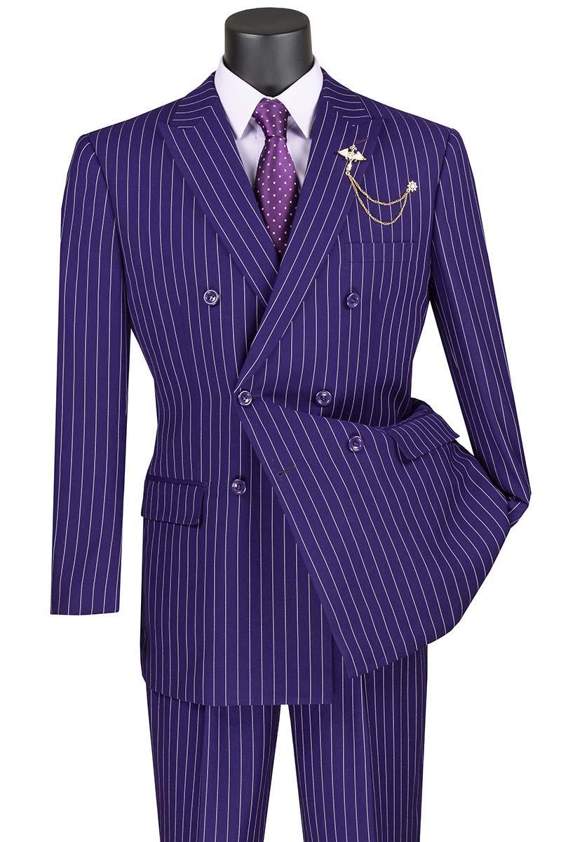 Banker Collection-Men's Double Breasted Pinstripe Purple Suit – OvercoatUSA