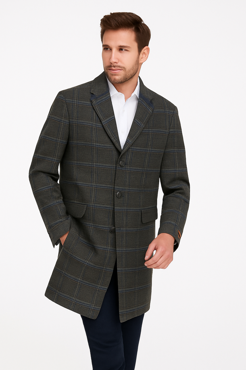 Men’s Blue and Grey Glen Plaid Wool Overcoat – Classic Long Winter Coa ...