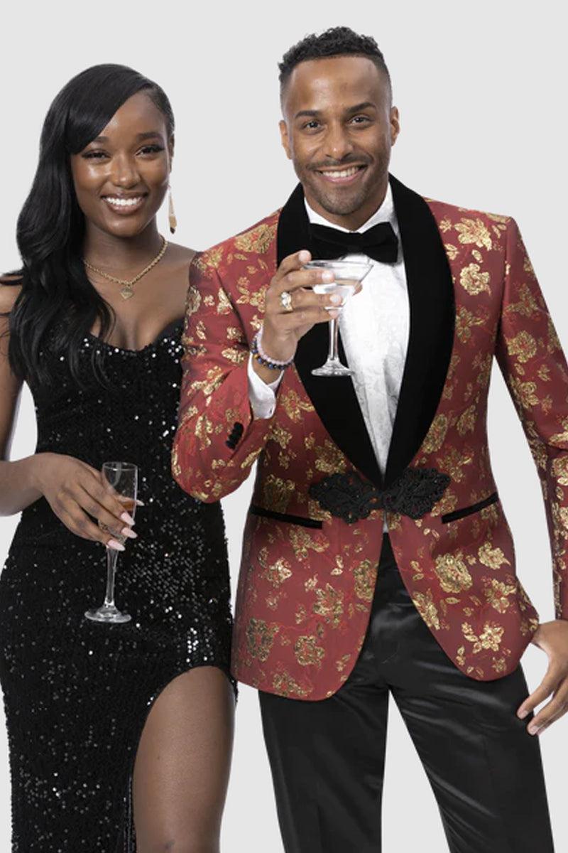 EJ Samuel Red & Gold Paisley Tux Jacket: Luxe Prom Smoking Look ...