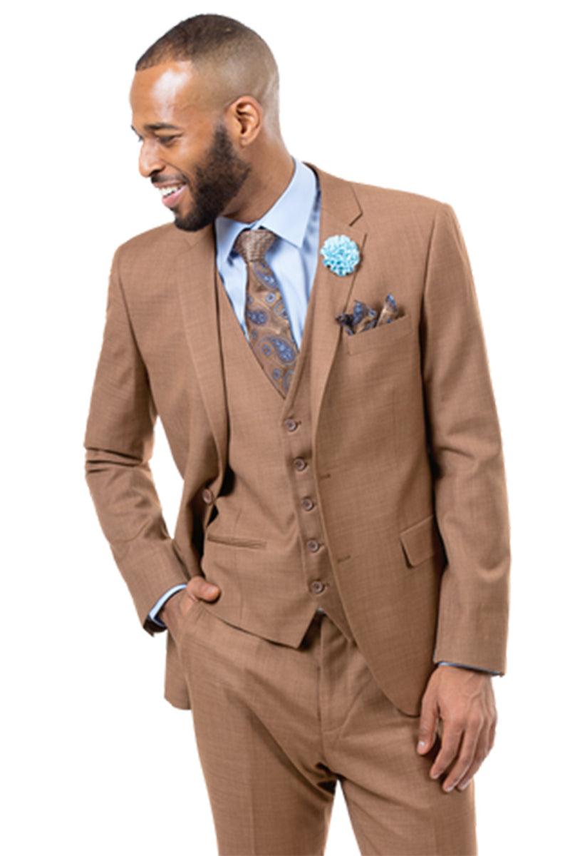 "EJ Samuel Rust Brown Sharkskin Weave Vested 2-Button Suit" – OvercoatUSA