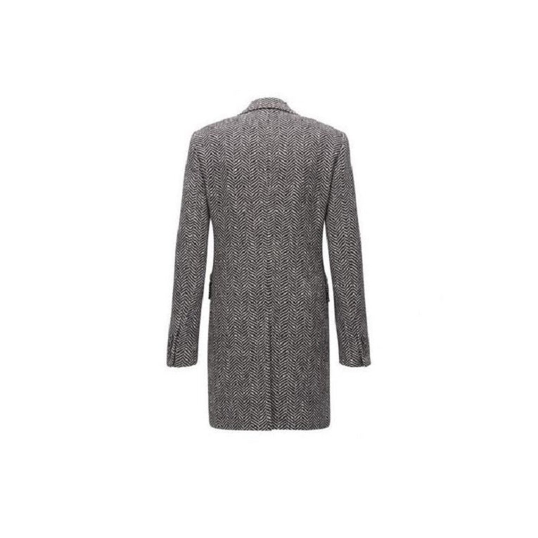 Mens Dress Coat Double Breasted Gray Herringbone Six Button Overcoat ...