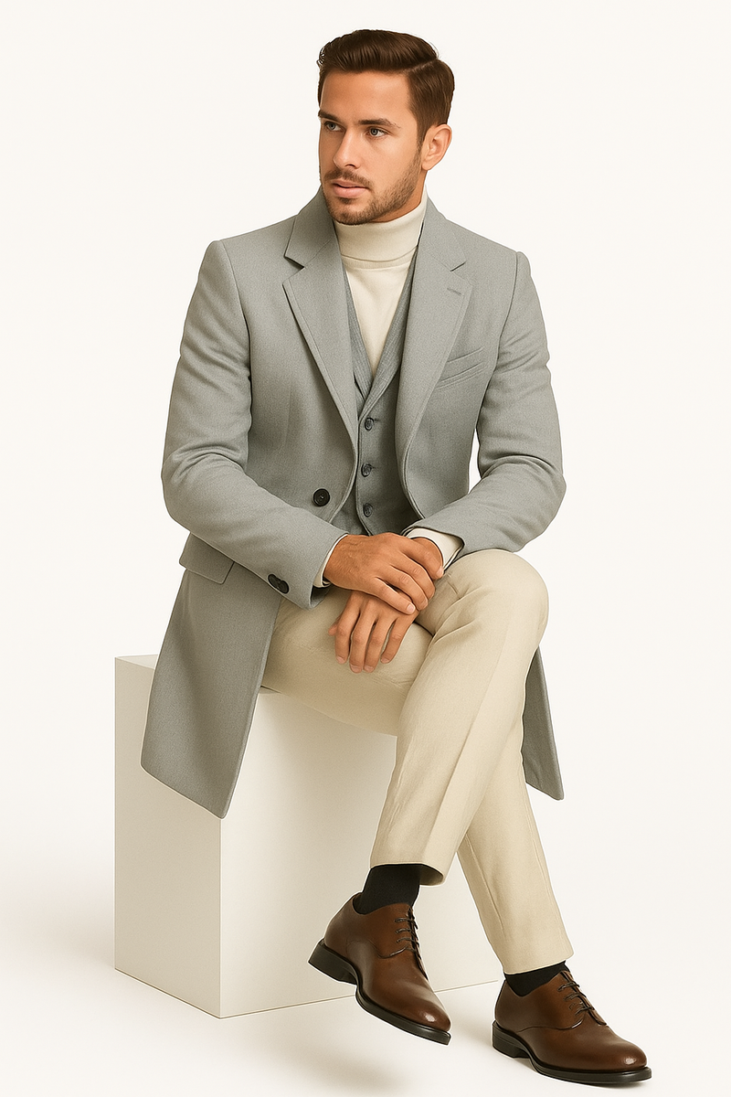 Men's Light Gray Double-Breasted Overcoat with Windowpane Vest – 3-Pie ...