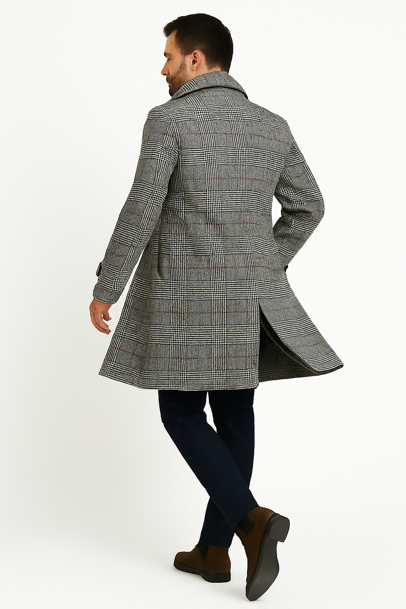 Mens Double-Breasted Houndstooth Plaid Overcoat in Black, White, and R ...