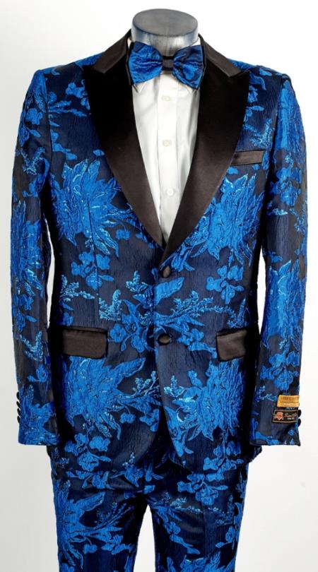 Mens Flower Suit - Floral Suit Mens 2 Button Peak Lapel Royal Blue Tux ...