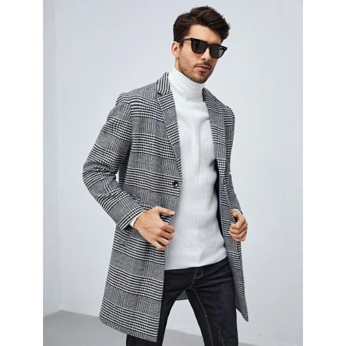 Mens Black and White Houndstooth Pattern Lapel Neck Overcoat – OvercoatUSA