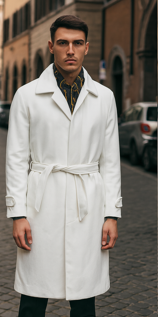 Men's Belted Wool Topcoat – White Alberto Belt Overcoat for Winter Sty ...