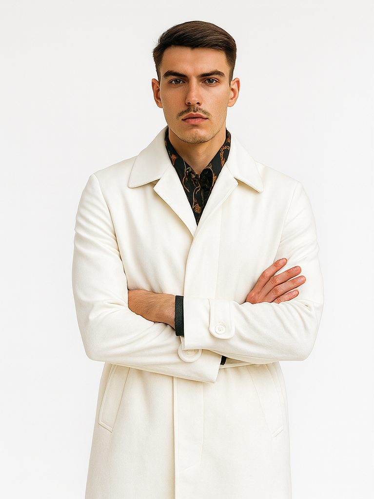 Men's Belted Wool Topcoat – White Alberto Belt Overcoat for Winter Sty ...