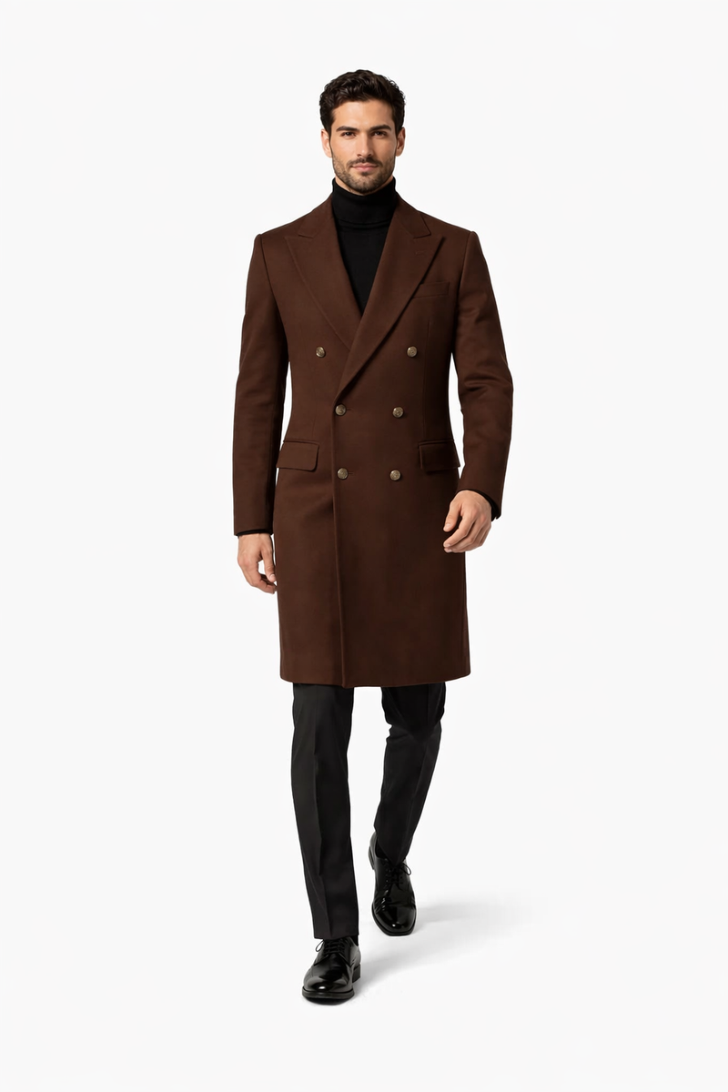 Mens Brown Fabric Double Breasted Overcoat – OvercoatUSA