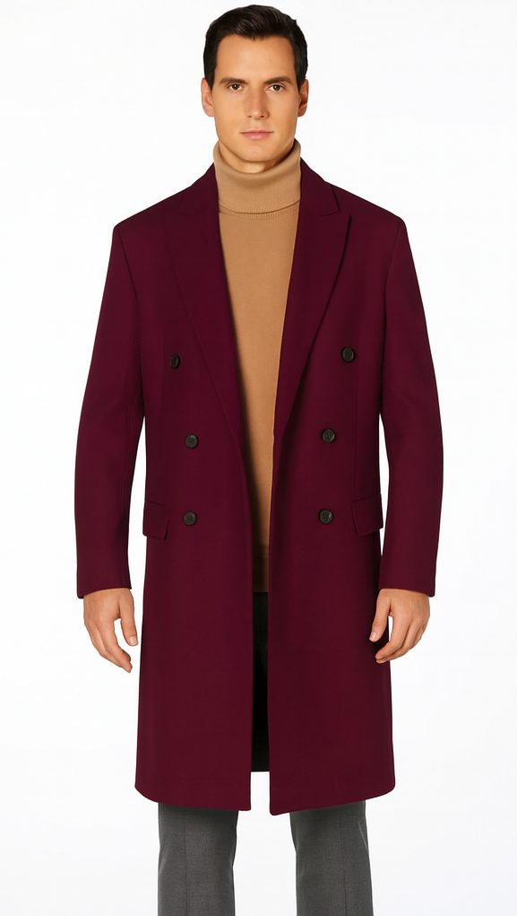 Men's Burgundy Double Breasted Overcoat - Maroon Peacoat - Three Quart ...