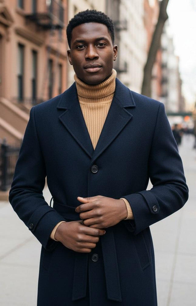 Men's Navy Full Length Belted Overcoat Porter – OvercoatUSA