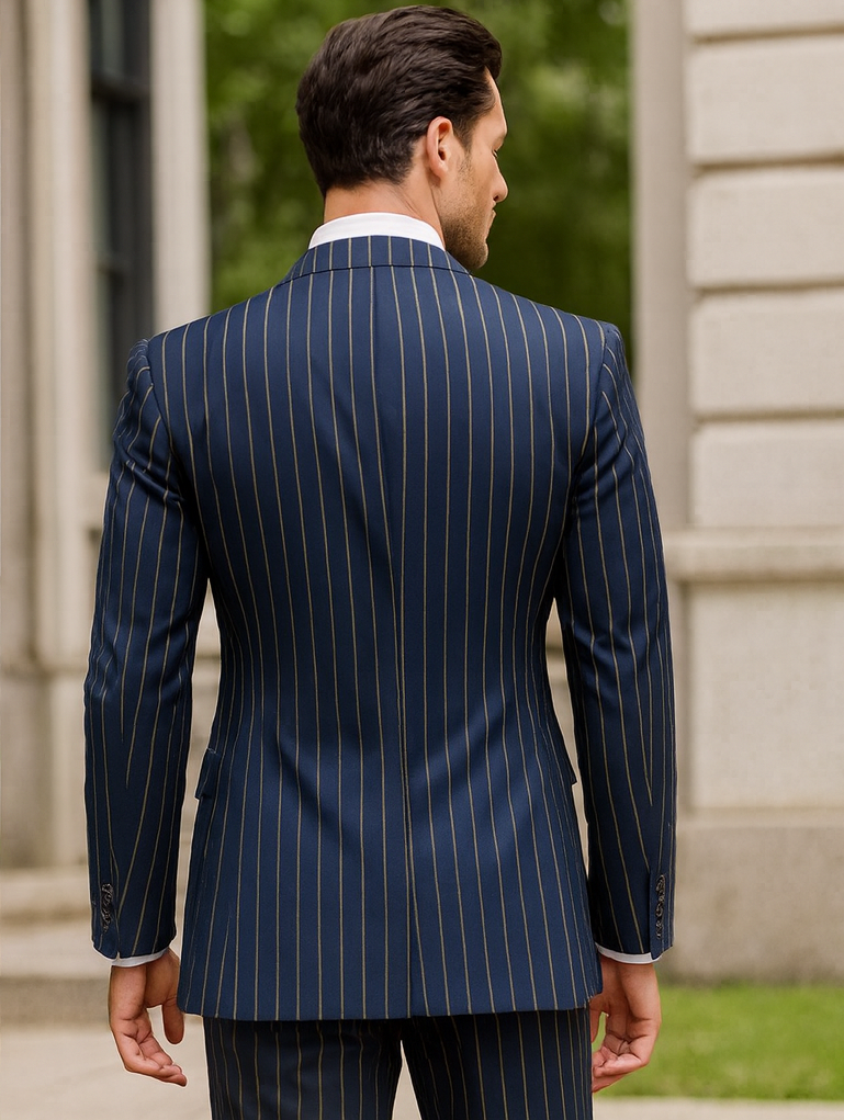 Men's Dark Navy Blue ~ White Mars Vested Peak Lapel Gangster Bold PinS ...