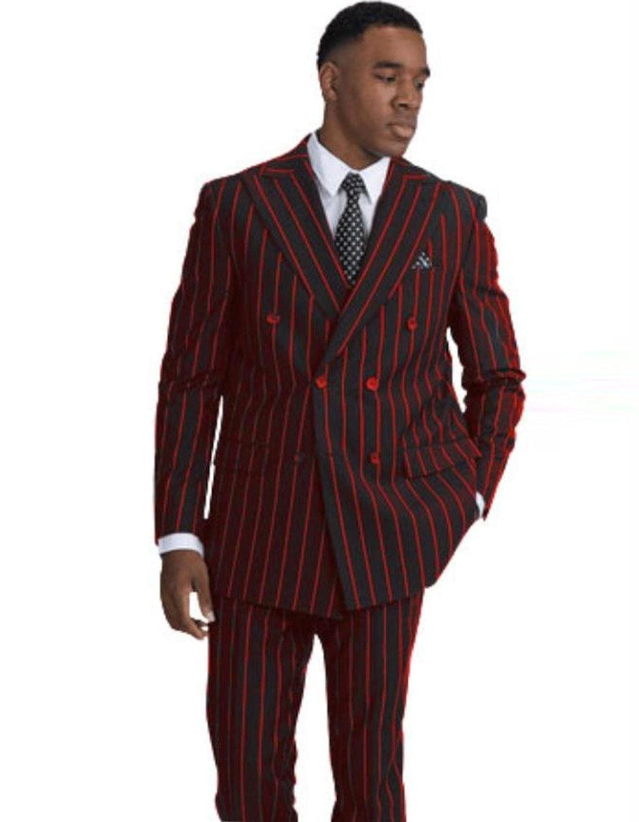 Mens Double Breasted Gangster Fit Pinstripe in Black & Red – OvercoatUSA