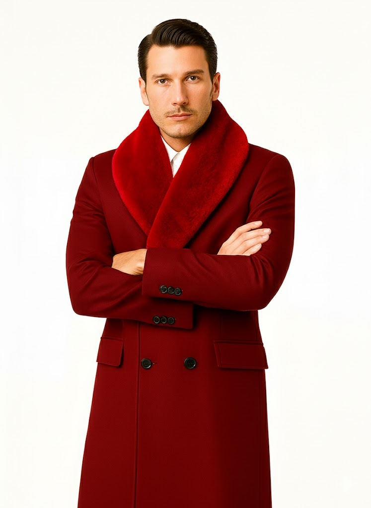 Mens Double-Breasted Burgundy Overcoat with Red Faux Fur Shawl Collar ...