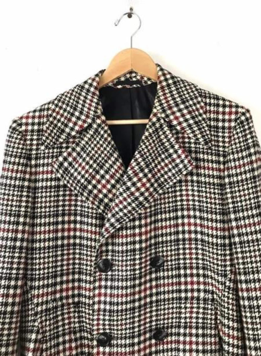 Mens Houndstooth Six Button Front Double Breasted Wool Overcoat ...