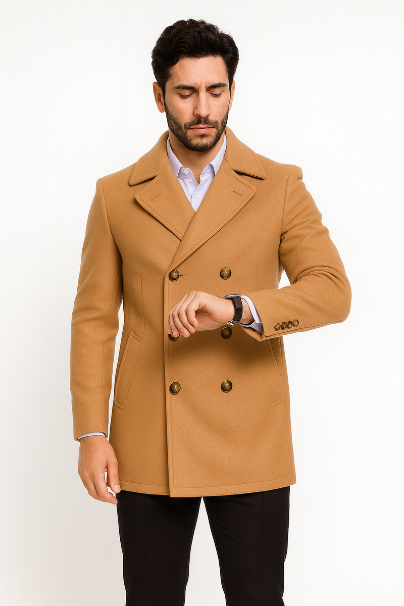 Mens Peacoat Wool Fabric Double Breasted - Tan – OvercoatUSA