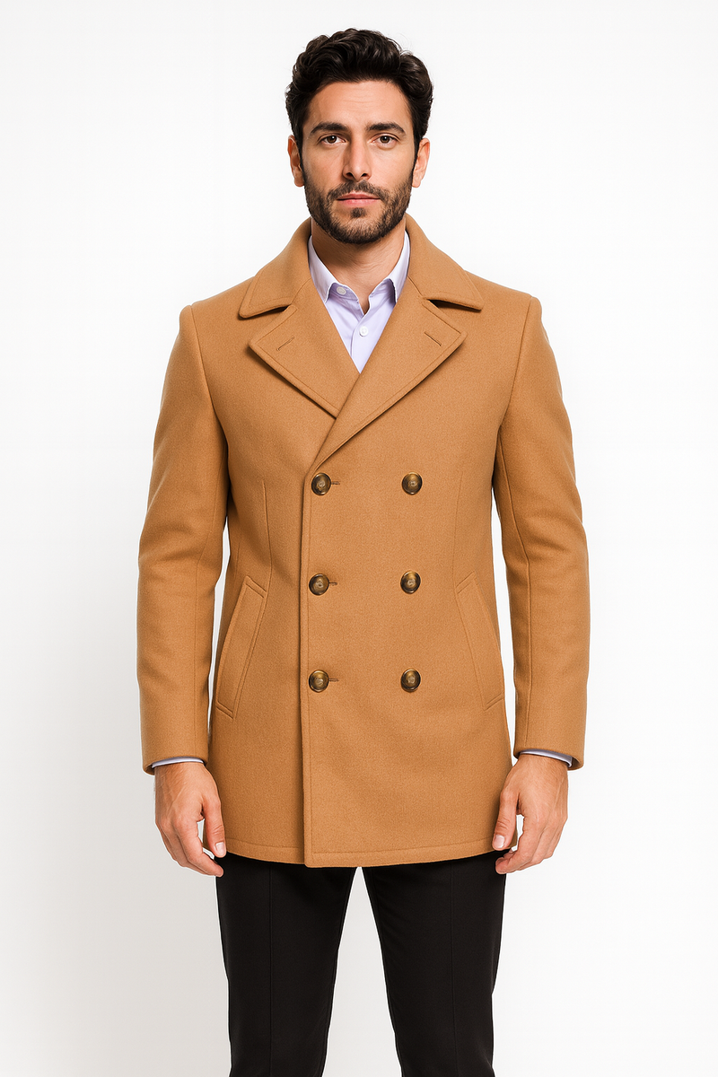 Mens Peacoat Wool Fabric Double Breasted - Tan – OvercoatUSA