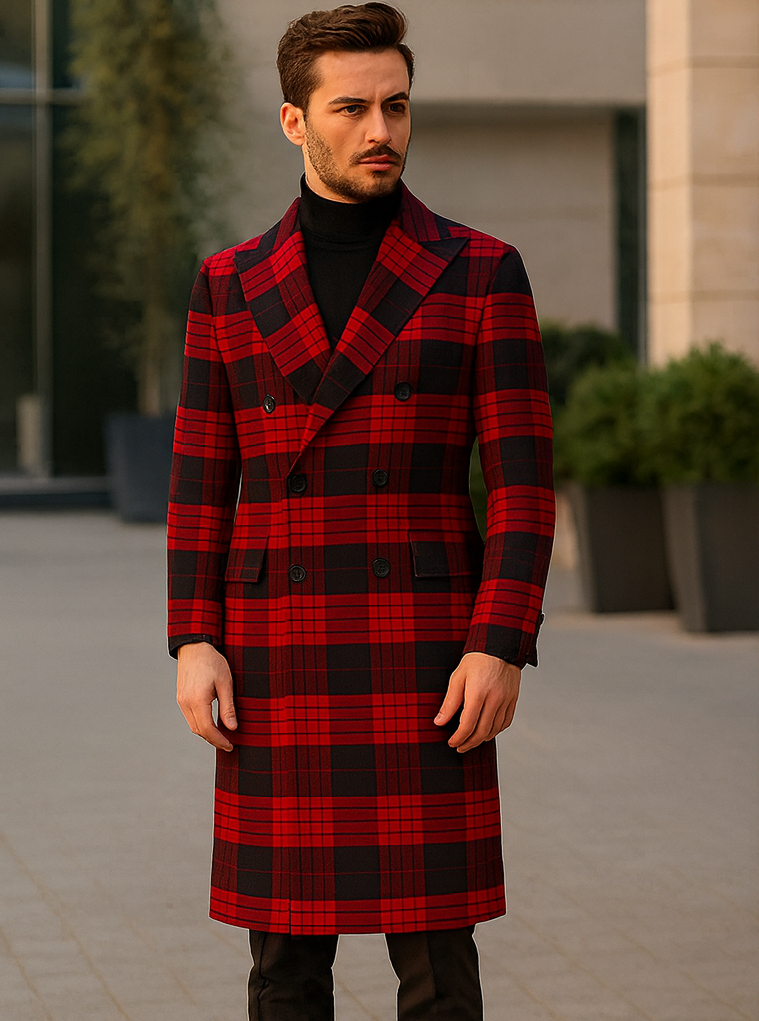 Mens Plaid Overcoat - Wool Peacoat - Plaid Topcoats Red ~ Black ...