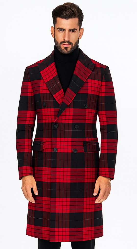 Mens Plaid Overcoat - Wool Peacoat - Red Plaid Topcoats – OvercoatUSA