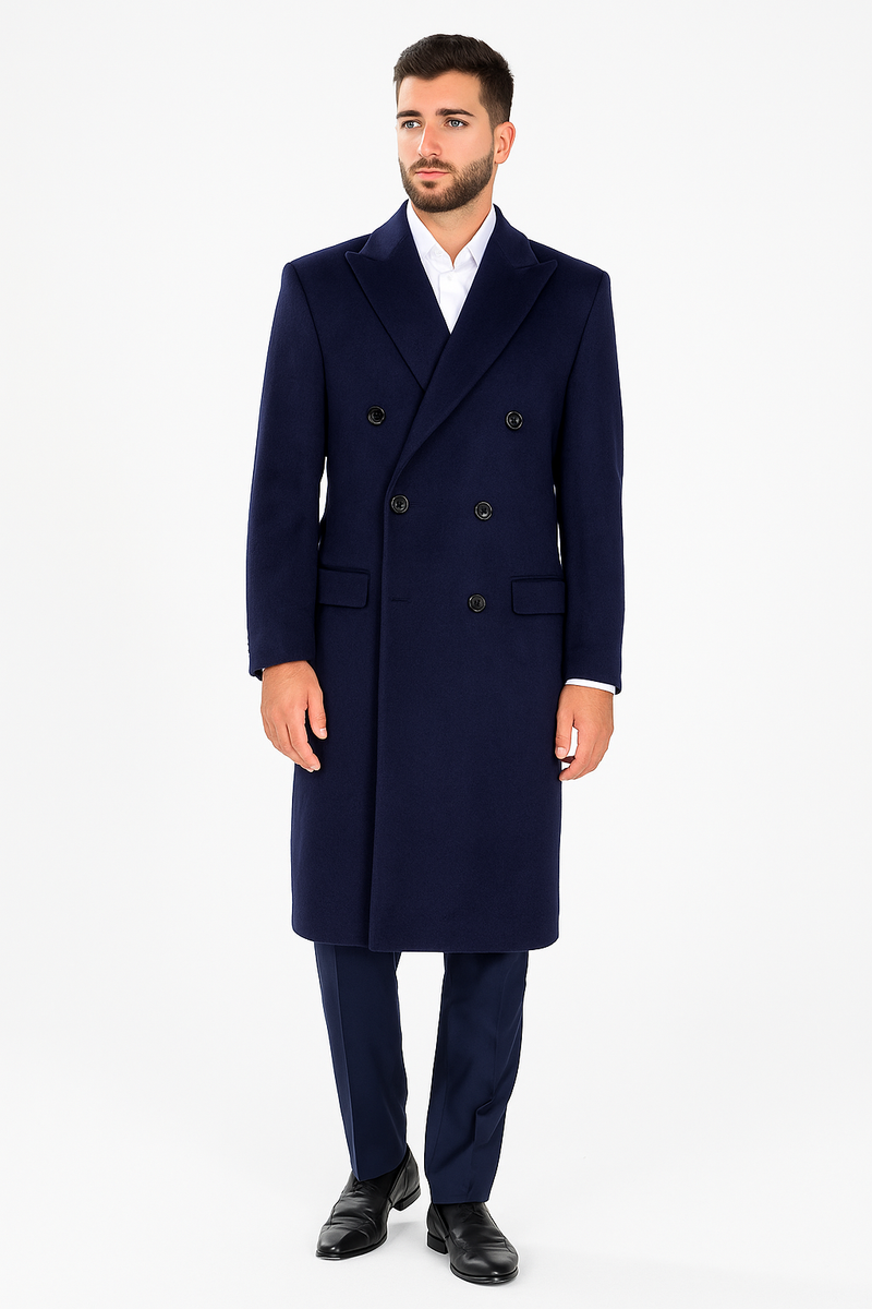 Mens Full Length Wool and Cashmere Overcoat - Winter Topcoats - Blue C ...