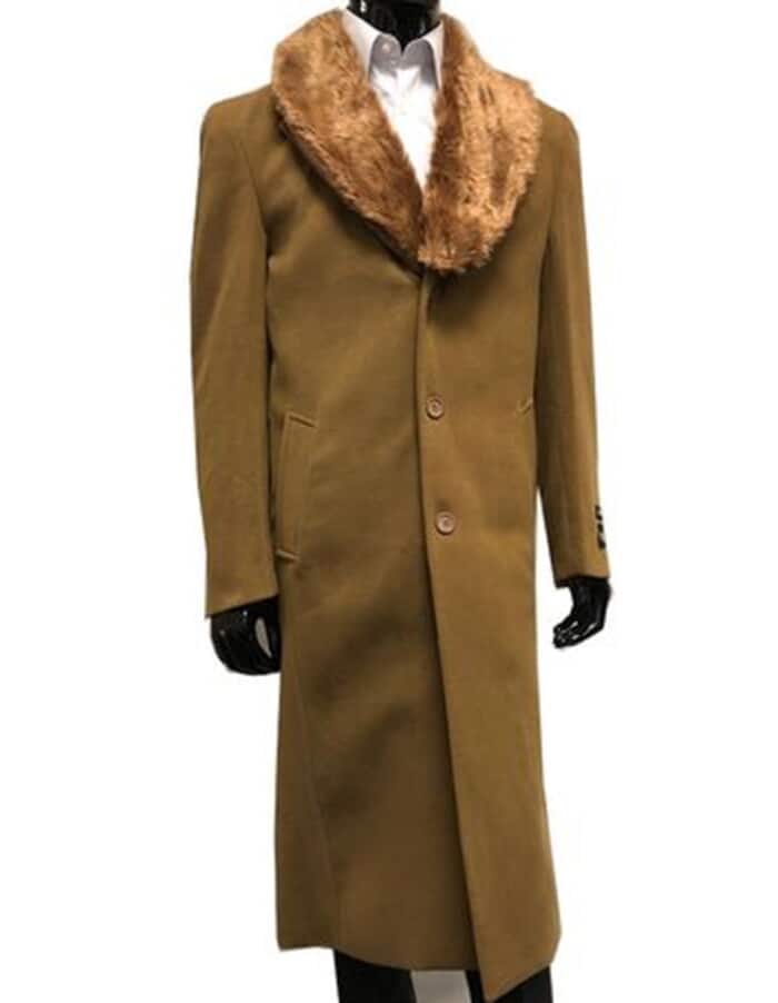 Mens Wool mens Overcoat With Fur Collar Full Length 48 Inches Camel ...