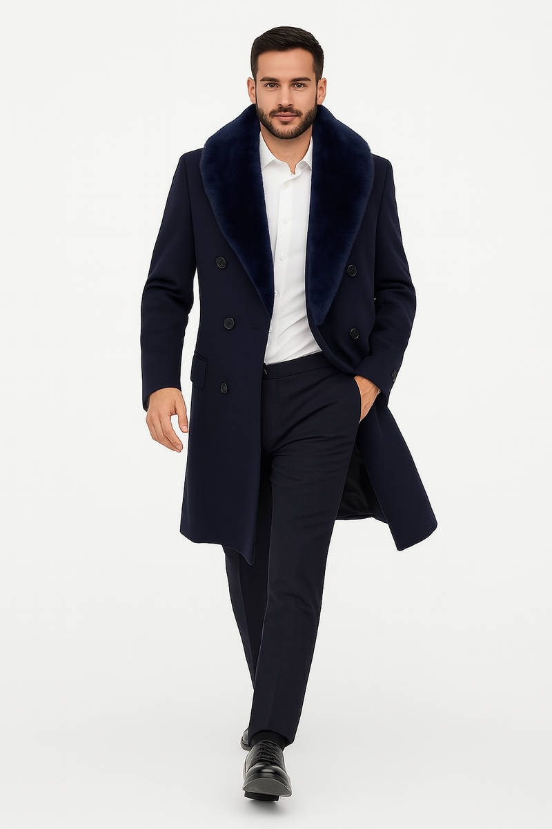 Mens Navy Wool Overcoat with Royal Blue Faux Fur Shawl Collar Cashmere ...