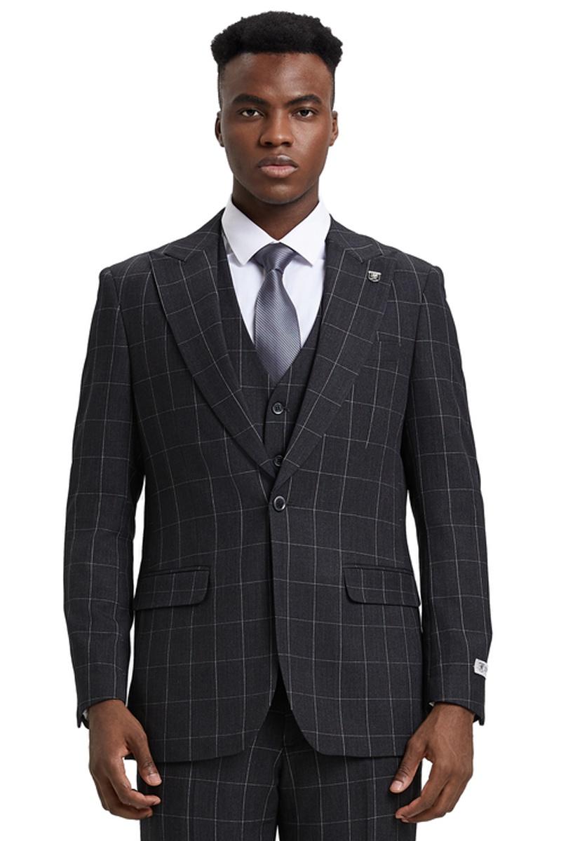 Men's Stacy Adams Vest Classic Bold Windowpane Suit in Dark Charcoal G ...