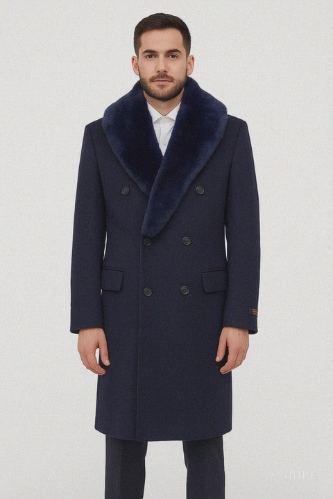 Mens Navy Wool Overcoat with Royal Blue Faux Fur Shawl Collar Cashmere ...