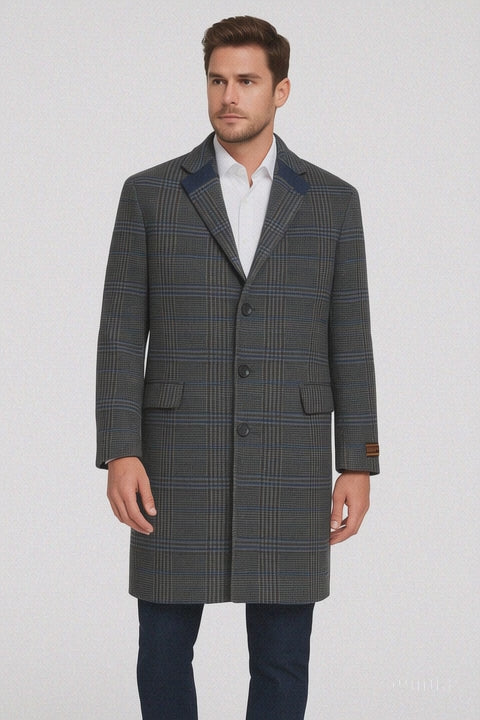 Men’s Blue and Grey Glen Plaid Wool Overcoat – Classic Long Winter Coa ...