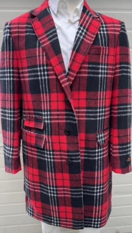 Mens Plaid Overcoat - Checkered Carcoat - 100% Wool Three Quarter Red ...