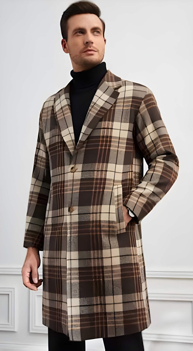 Mens Plaid Single Breasted Overcoat - Hounstooth Checker Pattern Topco ...