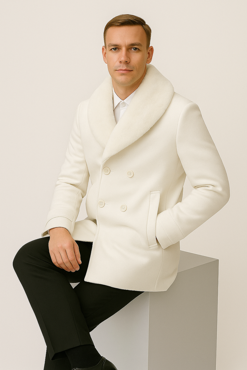 Mens White Wool Overcoat with Plush Faux Fur Shawl Collar – Alberto Na ...