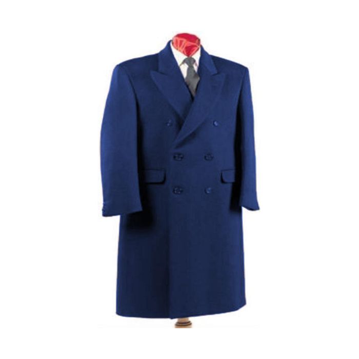 Mens Navy Blue Full Length Double Breasted Wool Overcoat – OvercoatUSA