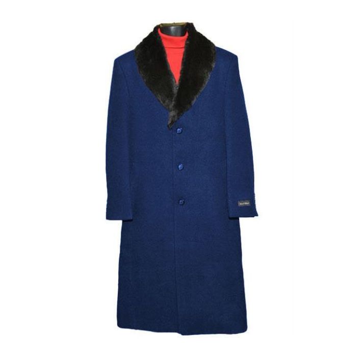 Mens Dress Coat Fur Collar Navy Blue Full Length Overcoat ~ Long Mens ...